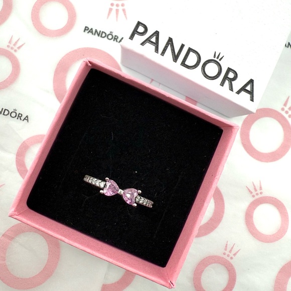 Pandora | Jewelry | Pandora Sparkling Pink Bow Ring W Pink Stones Size ...